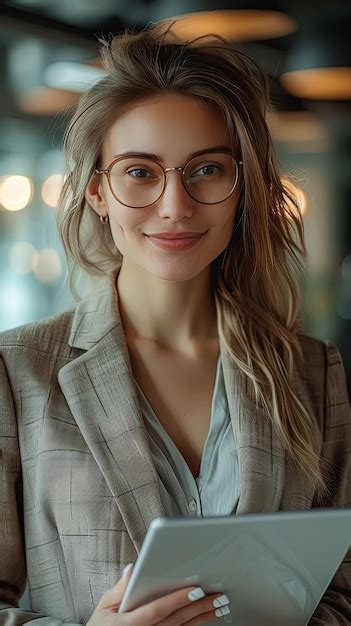 Female Office Worker In Glasses And Stylish Suit Using Digital Tablet