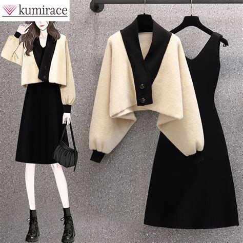 여성 브이넥 니트 스커트 투피스 세트 빅 사이즈 여성 수트 우아한 한국 여성 짧은 스웨터 가을 겨울 2022 신상 Aliexpress