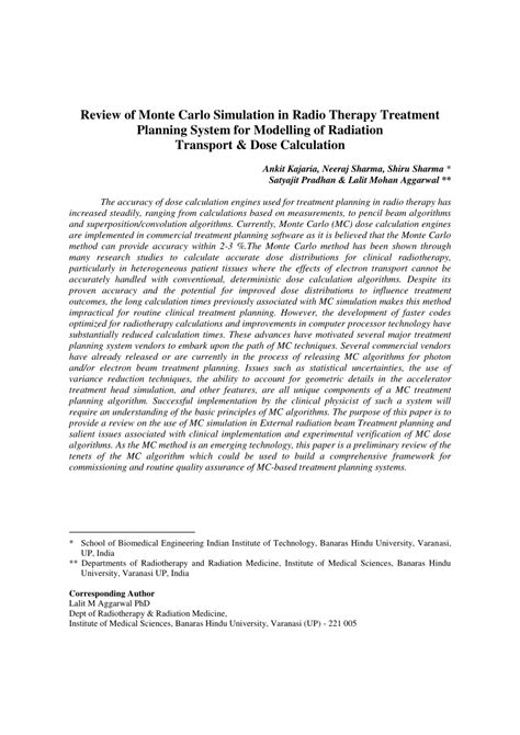 Pdf Review Of Monte Carlo Simulation In Radio Therapy Treatment Planning System For Modelling