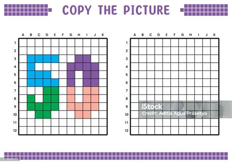 그림을 복사하고 그리드 이미지를 완성합니다 사각형으로 그리는 교육용 워크시트 셀 영역 색칠 유치원 활동 어린이 게임 만화 벡터 일러스트 레이 션 픽셀 아트 등번호 50번
