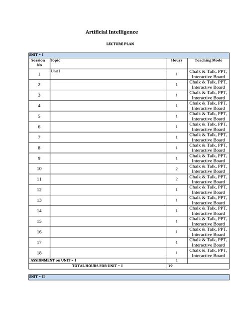 Artificial Intelligence Lecture Plan Pdf