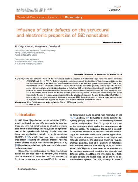 Pdf Influence Of Point Defects On The Structural And Electronic Properties Of Sic Nanotubes