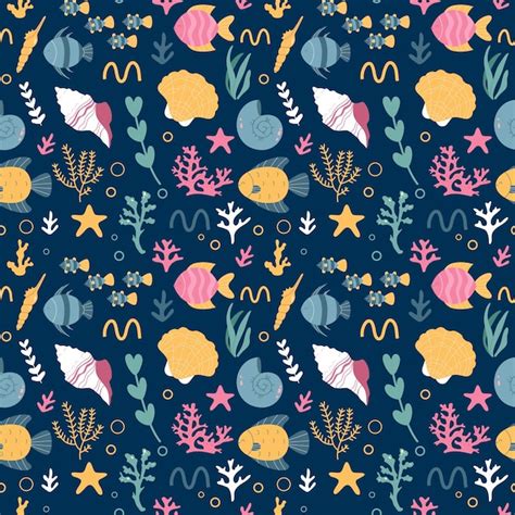 Premium Vector Cute Sea And Ocean Seamless Pattern On Blue Background