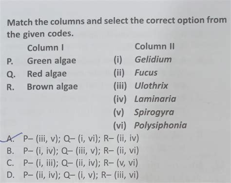Match The Columns And Select The Correct Option From The Given Codes Co