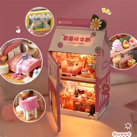Diy 미니 케이크 침실 가구가 있는 딸기 우유 인형의 집 빛이 있는 바나나우유 인형의 집 미니어처 빌딩 키트 성인용 장난감