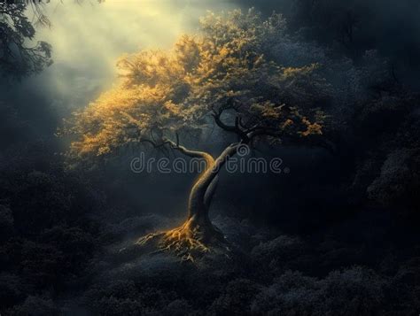 Glowing Tree Golden Light Dark Forest Nighttime Scene Mystical Aura