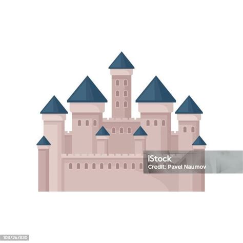 로얄 타워와 원뿔 지붕 요새입니다 큰 중세 성곽입니다 엽서 모바일 게임이 나 어린이 책에 대 한 평면 벡터 0명에 대한 스톡 벡터 아트 및 기타 이미지 Istock
