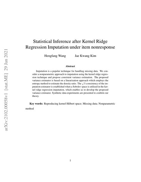 Pdf Statistical Inference After Kernel Ridge Regression Imputation Under Item Nonresponse