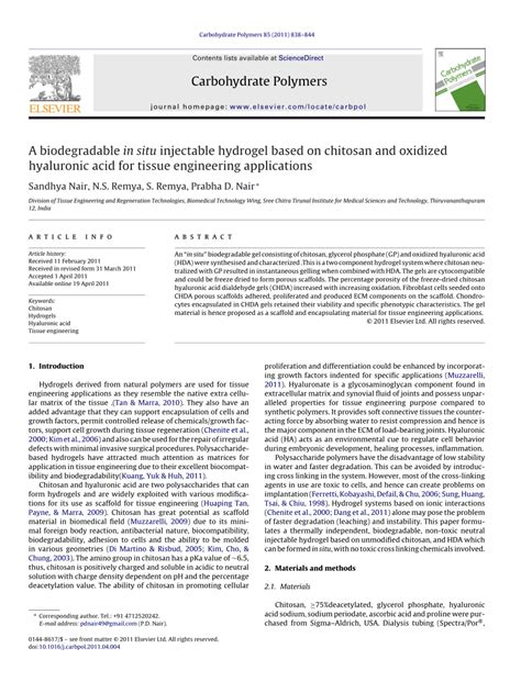 Pdf A Biodegradable In Situ Injectable Hydrogel Based On Chitosan And
