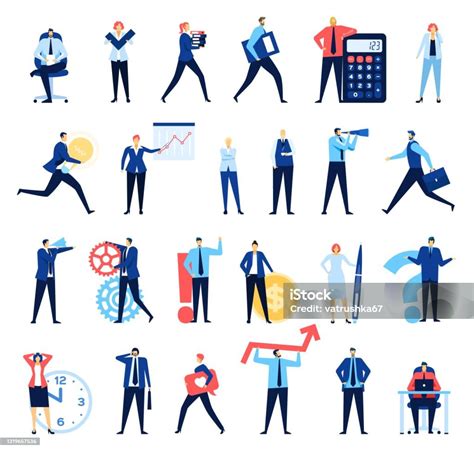 비즈니스 오피스 문자 기업 사무실 관리자 및 근로자 책상에 앉아 있는 사업가 직장 벡터 세트에서 남성과 여성 직원 비즈니스에 대한 스톡 벡터 아트 및 기타 이미지 Istock