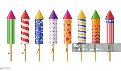 흰색 배경에 격리된 불꽃놀이 로켓 세트 파티용 폭죽 컬렉션입니다 불꽃 다채로운 아이콘 세트입니다 벡터 그림 로켓에 대한 스톡