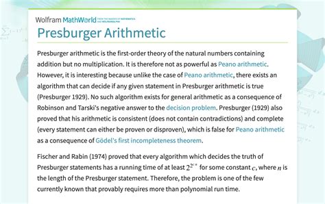 Presburger Arithmetic From Wolfram Mathworld