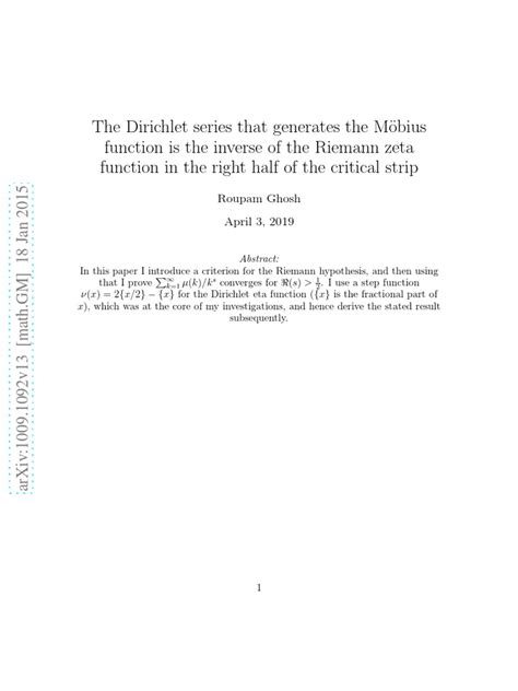 The Dirichlet Series That Generates The M Obius Function Is The Inverse