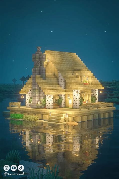 Minecraft Birch River House Night Ver Minecraft Cottage