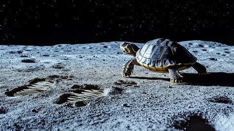 Turtle Explores Moon Landscape With Human Footprints Under Starry Sky Stock Illustration