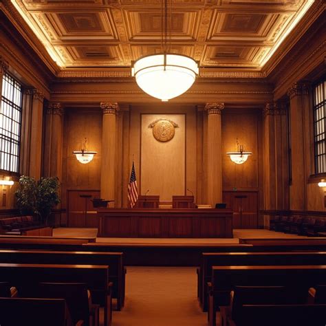 Grand Courtroom Interior With Judges Bench American Flag And Spectator