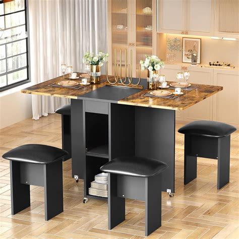 Awqm Foldable Dining Table Set For 4 Folding Dining Table With 4 Leather Chairs And Storage Drop