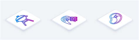 이소메트릭 라인 바비큐 그릴 신선한 냉동 생선 스테이크 스테이크 고기를 설정합니다 흰색 정사각형 버튼 벡터 3차원 형태에 대한 스톡 벡터 아트 및 기타 이미지 Istock