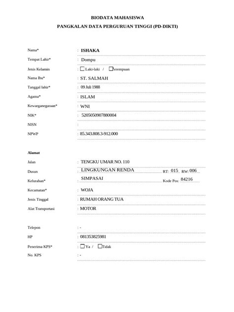 Form Biodata Mahasiswa Pd Dikti Pdf