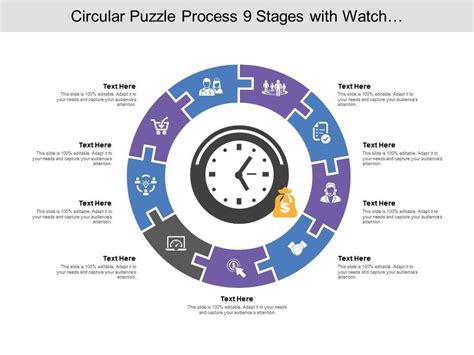 Circular Puzzle Process Stages With Watch And Money Icon PowerPoint Presentation Designs
