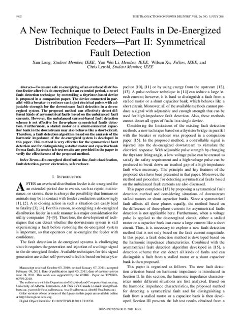 Pdf A New Technique To Detect Faults In De Energized Distribution Feeders Part Ii Symmetrical