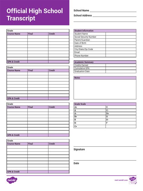 Color Free Homeschool Transcript Template Pdf