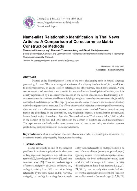 Pdf Name Alias Relationship Identification In Thai News Articles A Comparison Of Co