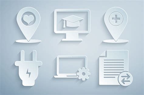 노트북 및 기어 크로스 전기 플러그 전송 파일 모니터 졸업 모자 및 지도 포인터 심장 아이콘과 의료 위치를 설정합니다 벡터