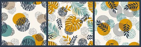 손으로 그린 세 개의 이음새가 없는 패턴 세트 열대 정글 잎과 다양한 모양 가을에 대한 스톡 벡터 아트 및 기타 이미지 가을