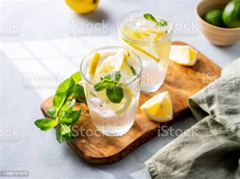 신선한 레몬 라임 민트 얼음을 곁들인 레모네이드 음료 그림자가 있는 밝은 배경에 상쾌한 감귤류 모히토 칵테일 여름 차가운 음료