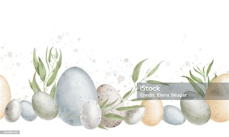 봄 부활절 달걀과 녹색 버드 나무 가지 완벽 한 패턴 수채화 디지털 일러스트레이션 가벼운 파스텔 스플래시와 수평 테두리 흰색 배경에 고립되어 있습니다 단풍에 드래곤 알 4