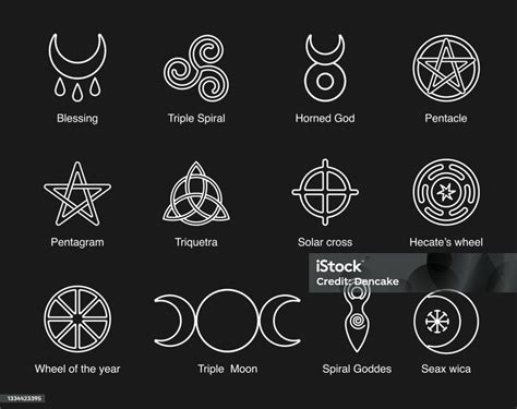 위칸과 이교도 기호 펜타그램 트리플 달 뿔 신 트리셀레온 태양 십자가 나선형 올해의 바퀴 벡터 스톡 클립아트 상징에 대한 스톡 벡터 아트 및 기타 이미지 Istock