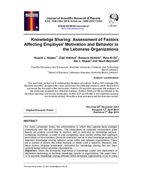 Pdf Knowledge Sharing Assessment Of Factors Affecting Employee