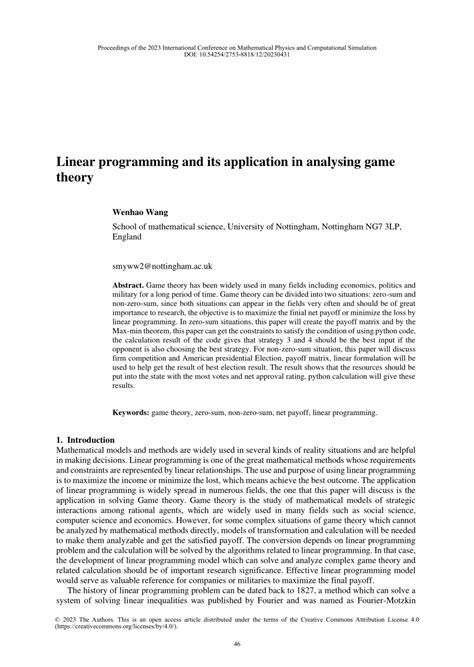 pdf linear programming and its application in analysing game theory