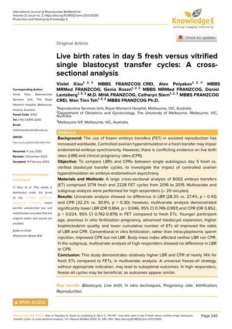 Pdf A Cross Sectional Analysis Of Live Birth Rates In Day 5 Fresh Versus Vitrified Single