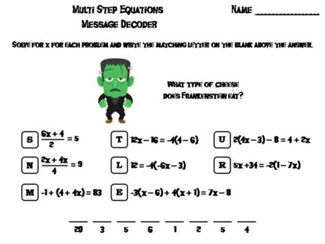 Solving Multi Step Equations Game Halloween Math Activity Message