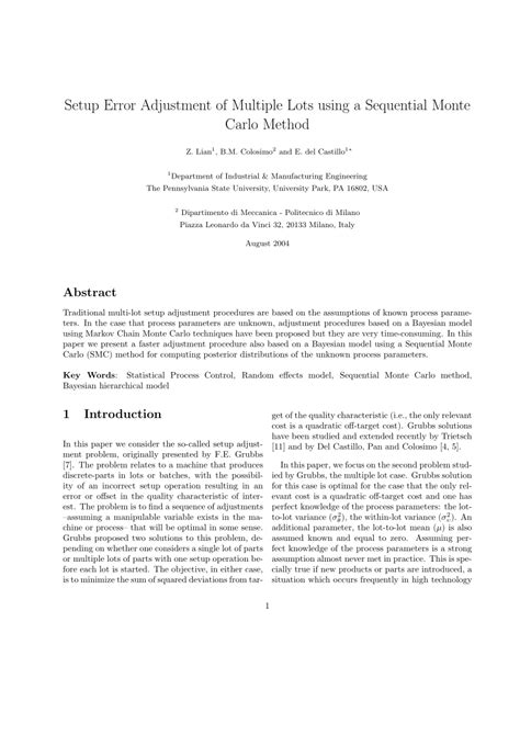Pdf Setup Adjustment Of Multiple Lots Using A Sequential Monte Carlo