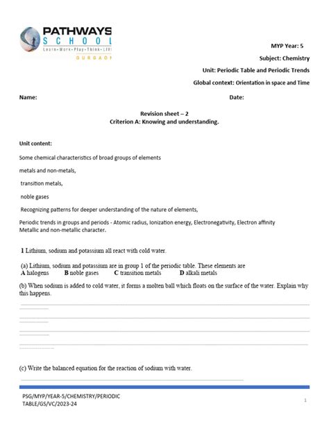 Periodic Table Revision Sheet 2 Crit A Pdf Chlorine Iodine