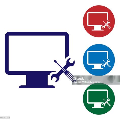 흰색 배경에 고립 된 드라이버와 렌치 아이콘 블루 컴퓨터 모니터 조정 서비스 설정 유지 보수 수리 및 수정 원 버튼의 색상