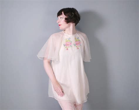 70s 1970s Jean Varon Diaphanous Cream Chiffon Mini Tunic Dress With
