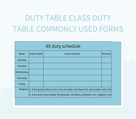 Duty Table Class Duty Table Commonly Used Forms Excel Template And