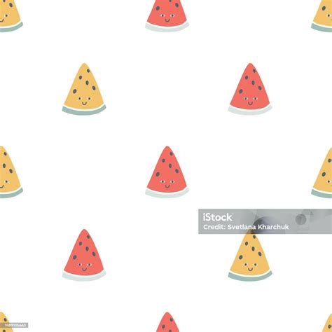 삼각형 수박 캐릭터 매끄러운 패턴 웃는 얼굴 단순하고 순진한 스타일의 손으로 그린 만화 낙서 아이들을 위한 파스텔 팔레트의 벡터