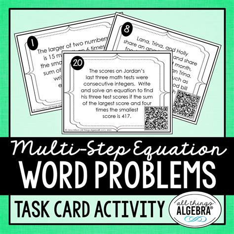 Multi Step Equation Word Problems Task Cards All Things Algebra®