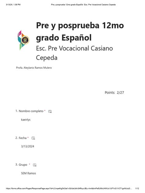 Pre Y Posprueba 12mo Grado Español Esc Pre Vocacional Casiano Cepeda