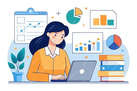 Premium Vector Woman Sitting At Desk Analyzing Databases And Statistical Report On Laptop A