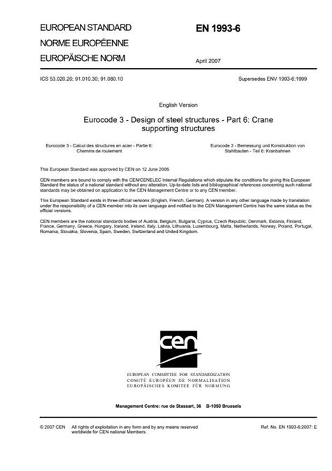 EN 1993-6:2007 - Eurocode 3 - Design of steel structures - Part 6: Crane supporting structures