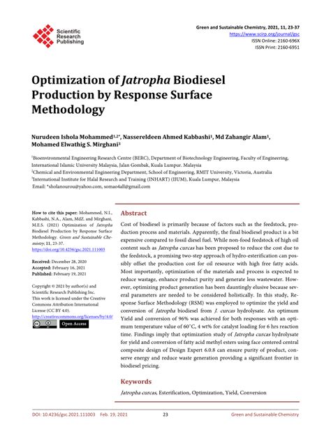 Pdf Optimization Of Jatropha Biodiesel Production By Response Surface Methodology