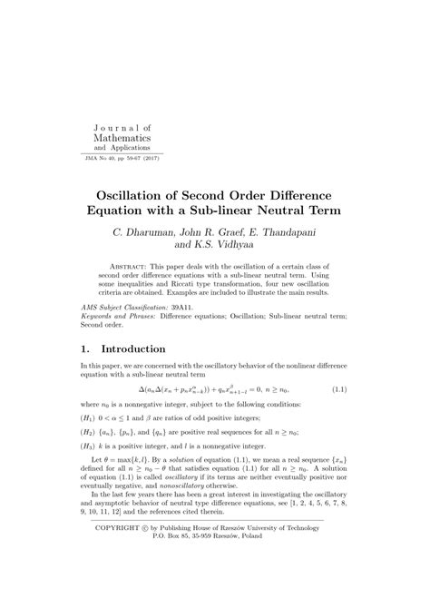 Pdf Oscillation Of Second Order Difference Equation With A Sub Linear