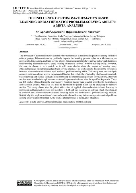 Pdf The Influence Of Ethnomathematics Based Learning On Mathematics