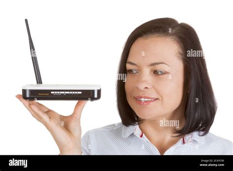 Wireless Modem Router Hardware In Woman Hands On A White Background Stock Photo Alamy